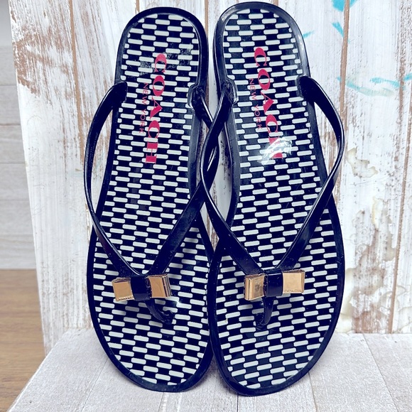 Coach | Shoes | Coach Landon Jelly Gold Bow Logo Black White Flip Flop ...